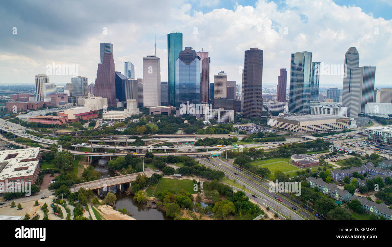Aerial view of skyline downtown Houston building city, at buffalo bayou ...