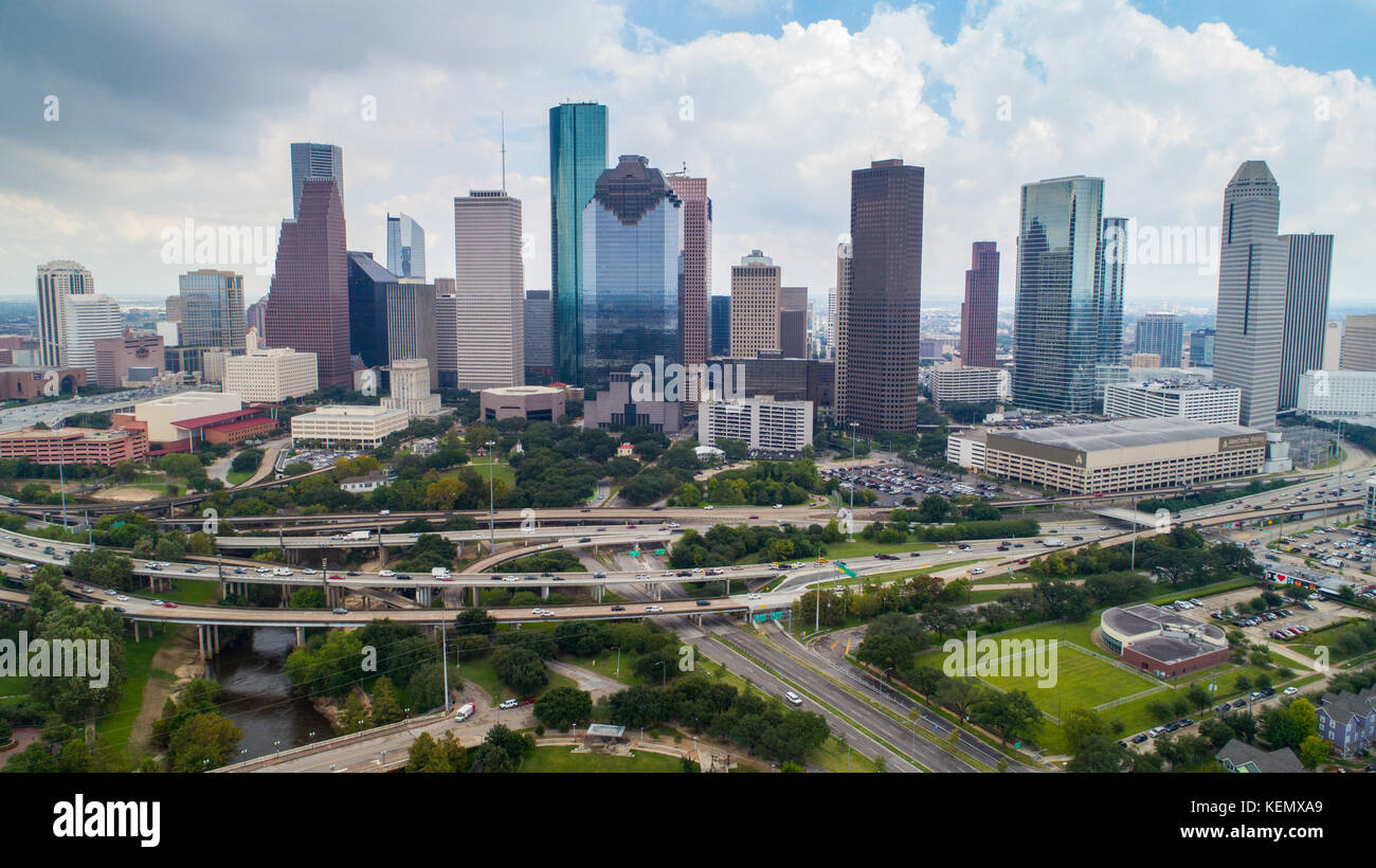 Aerial view of skyline downtown Houston building city, at buffalo bayou ...