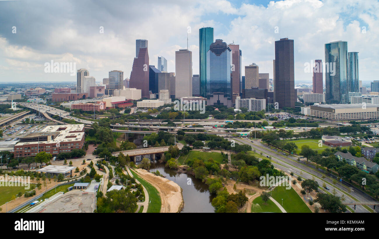 Aerial view of skyline downtown Houston building city, at buffalo bayou ...