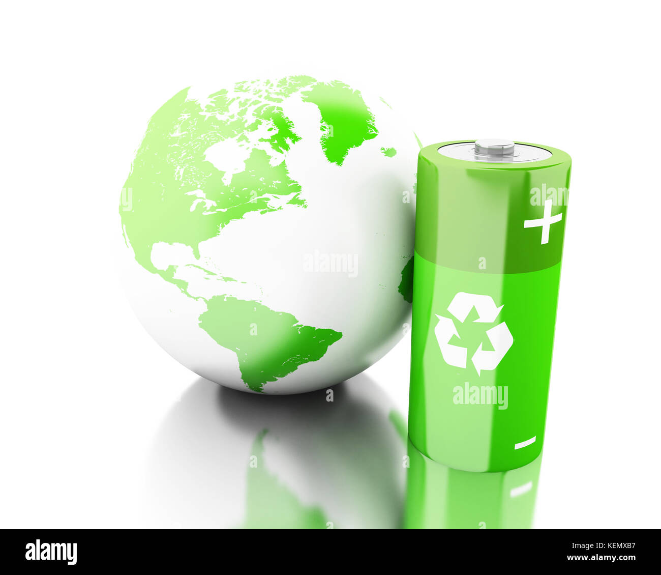 3d illustration. Green battery with recycling symbol and earth globe ...