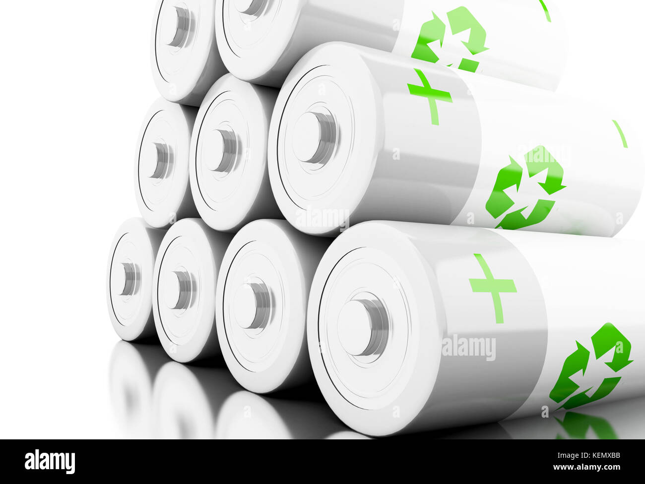 3d illustration. Stack of batteries with recycling symbol. Eco energy ...