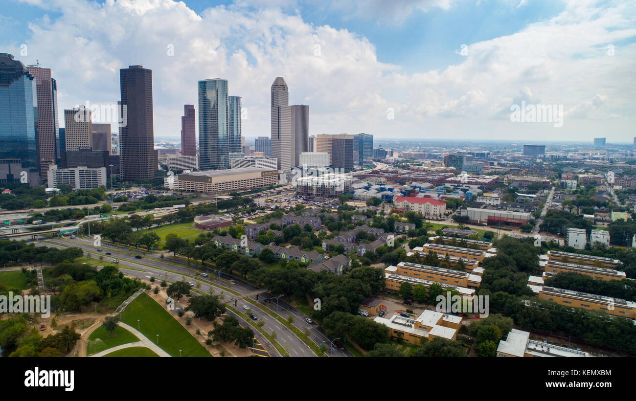 Aerial view of skyline downtown Houston building city, at buffalo bayou ...