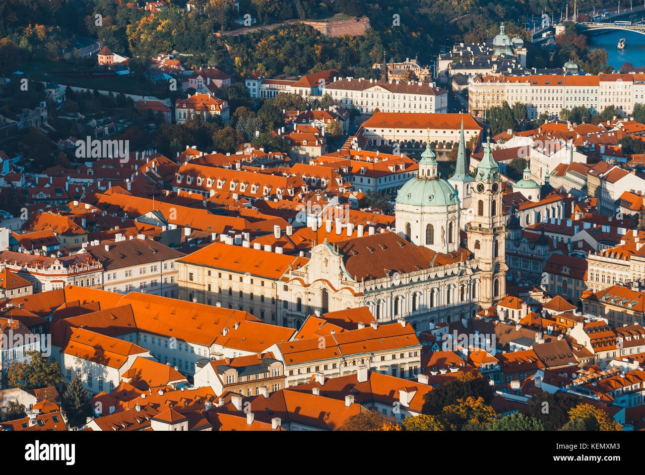 aerial view of mala strana district, Prague Czech republic, red tile ...
