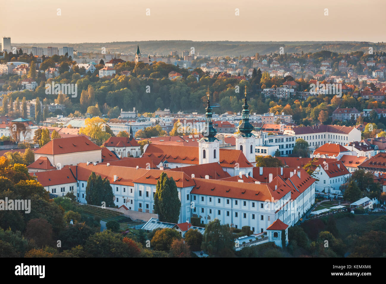 aerial view of mala strana district, Prague Czech republic, red tile ...