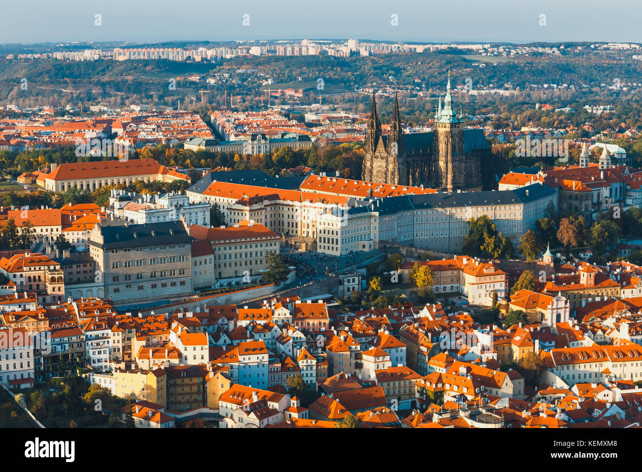 aerial view of mala strana district, Prague Czech republic, red tile ...