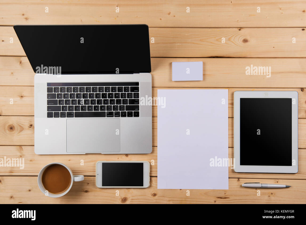 Working place, wooden table. Top view office corporate design mockup ...