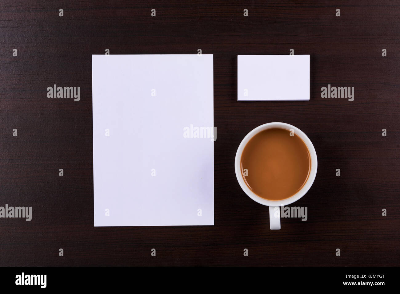 Working place, wooden table. Top view office corporate design mockup ...