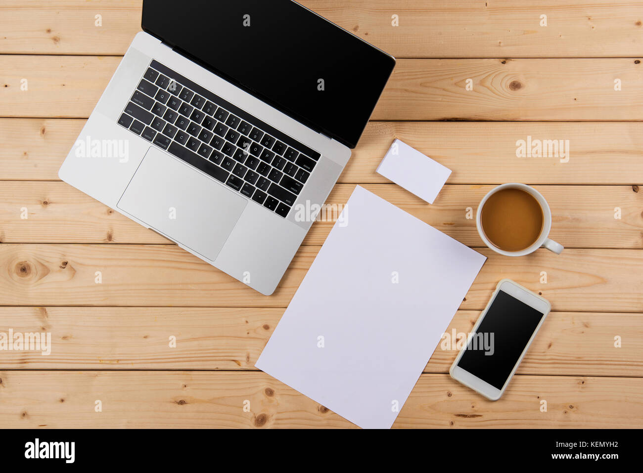 Working place, wooden table. Top view office corporate design mockup ...