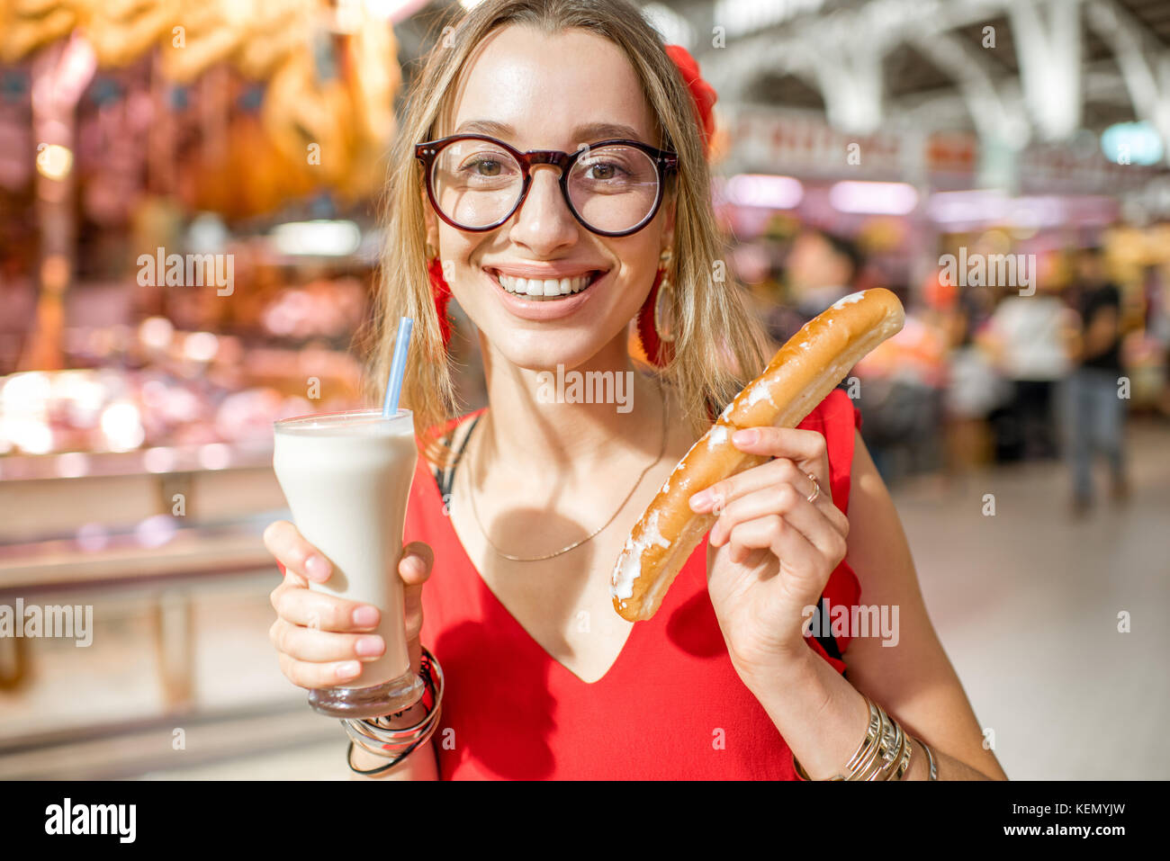 Woman with Horchata traditional spanish drink Stock Photo - Alamy