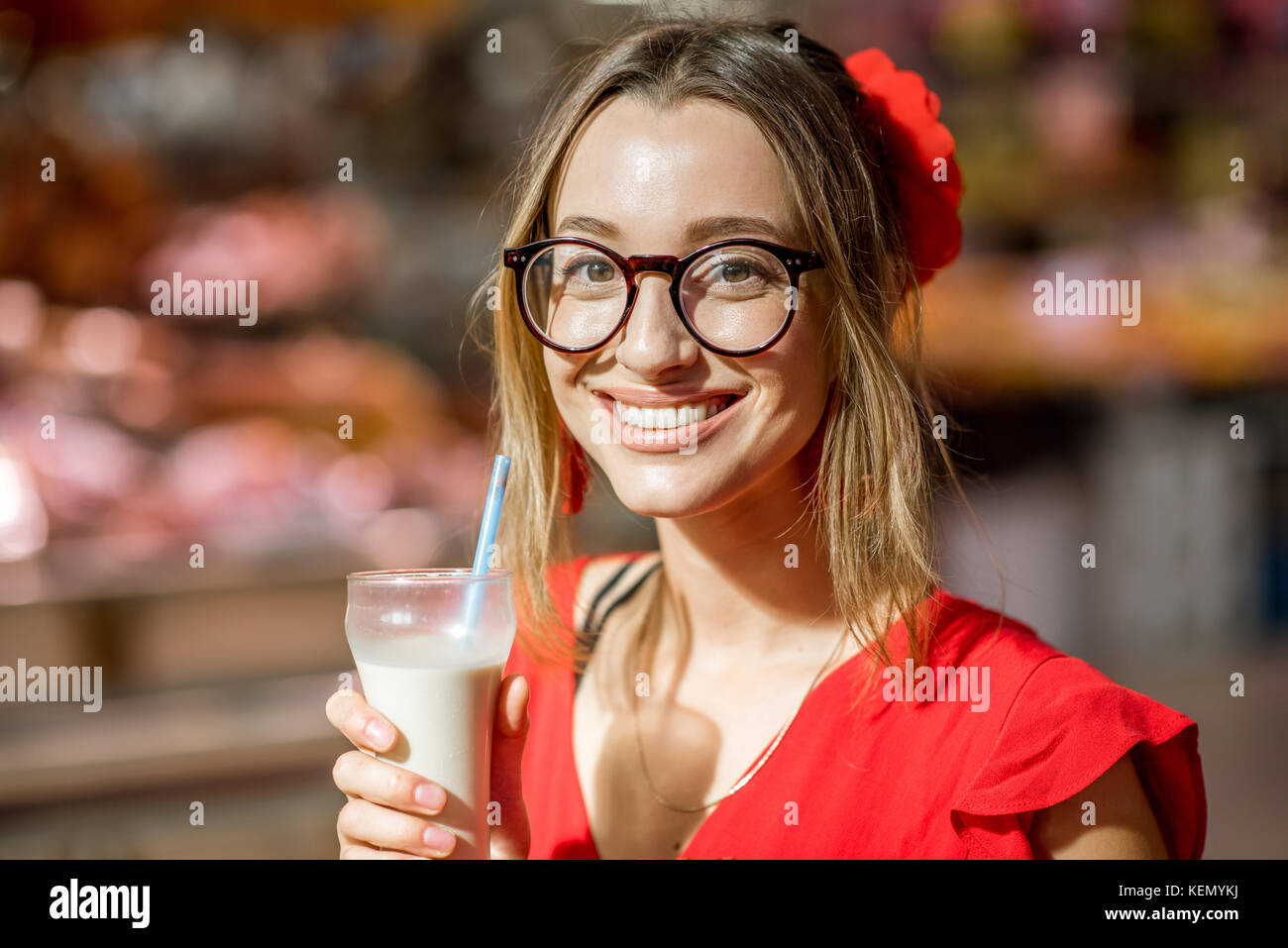Woman with Horchata traditional spanish drink Stock Photo - Alamy