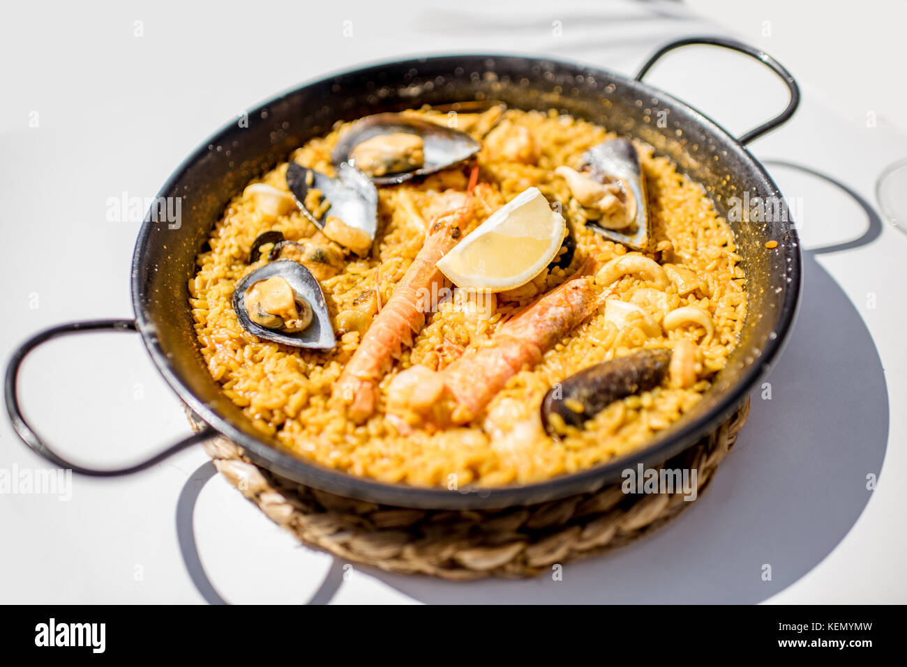 Pan with Valencian rice dish paella Stock Photo - Alamy