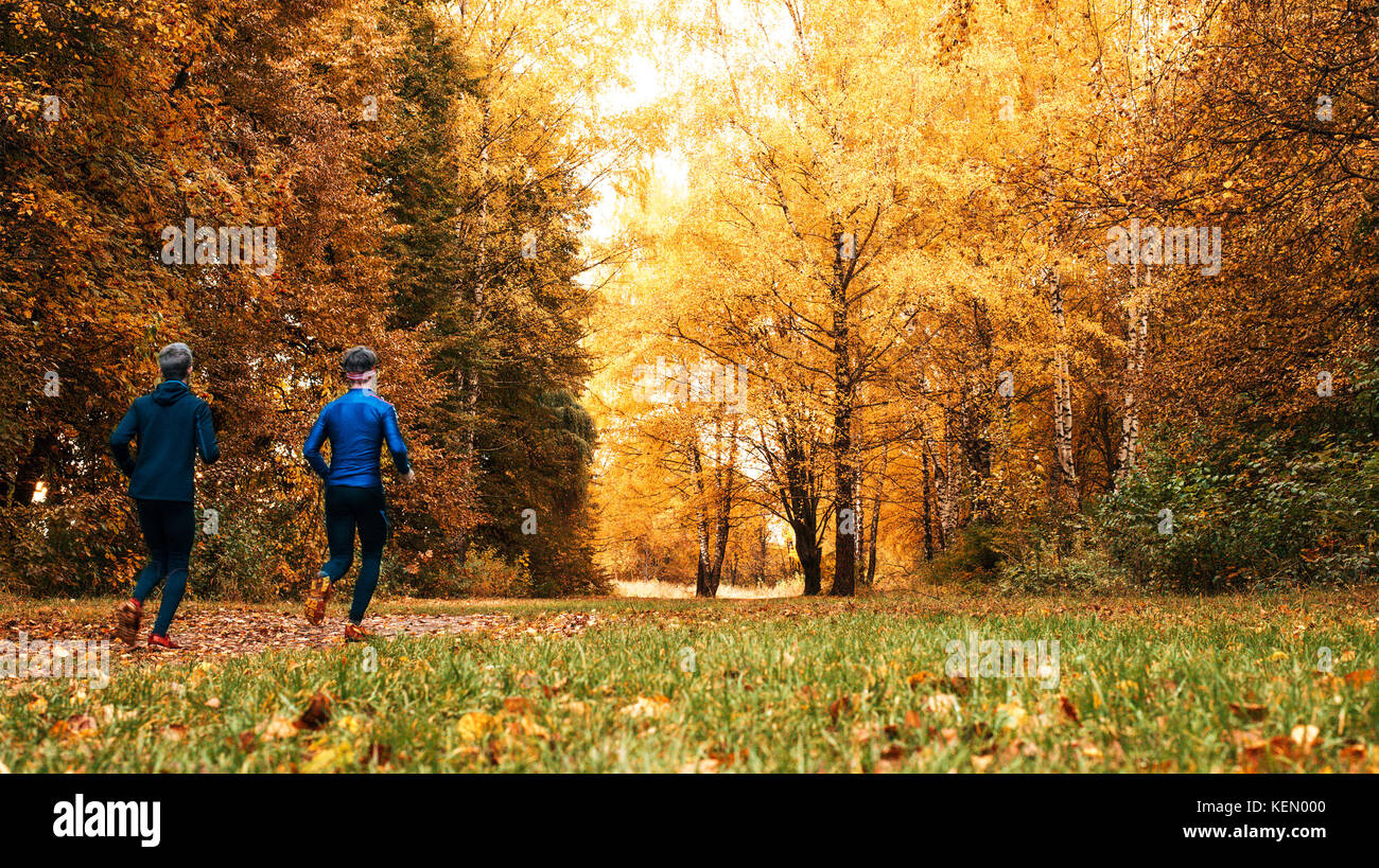 Running athletes in the park on a run in the early morning. Several ...