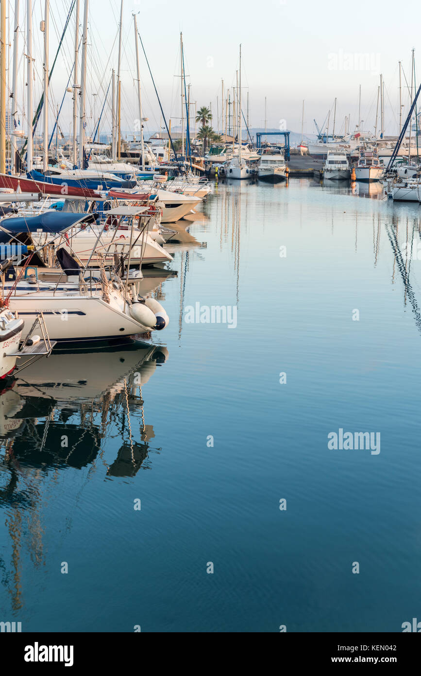Larnaca Marina in early morning blue sky and red orange clouds Stock ...