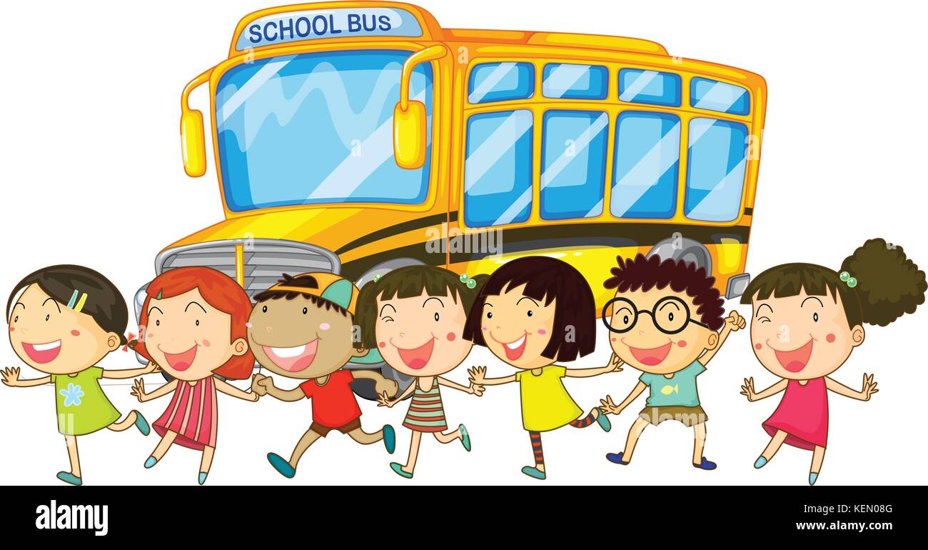 Illustration of students and a shcool bus Stock Vector Image & Art - Alamy