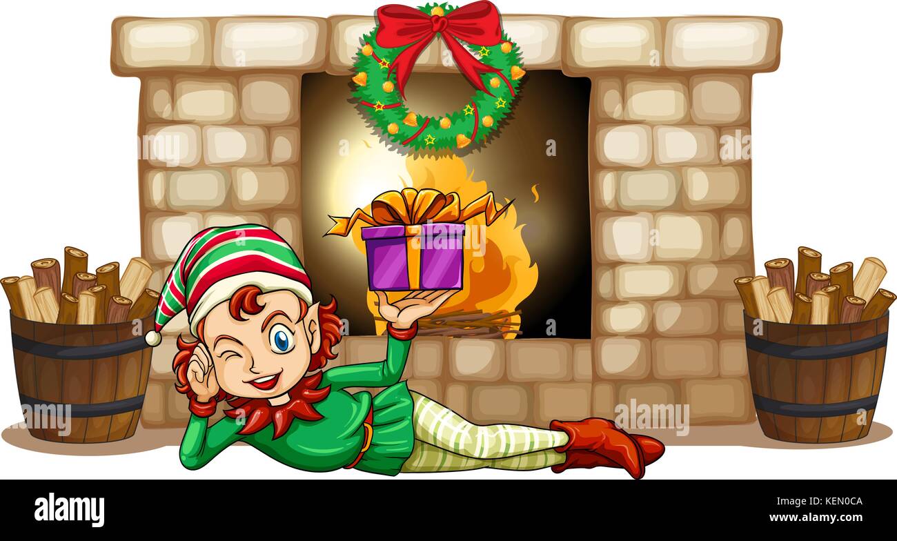 Illustration of an elf in front of the fireplace on a white background ...