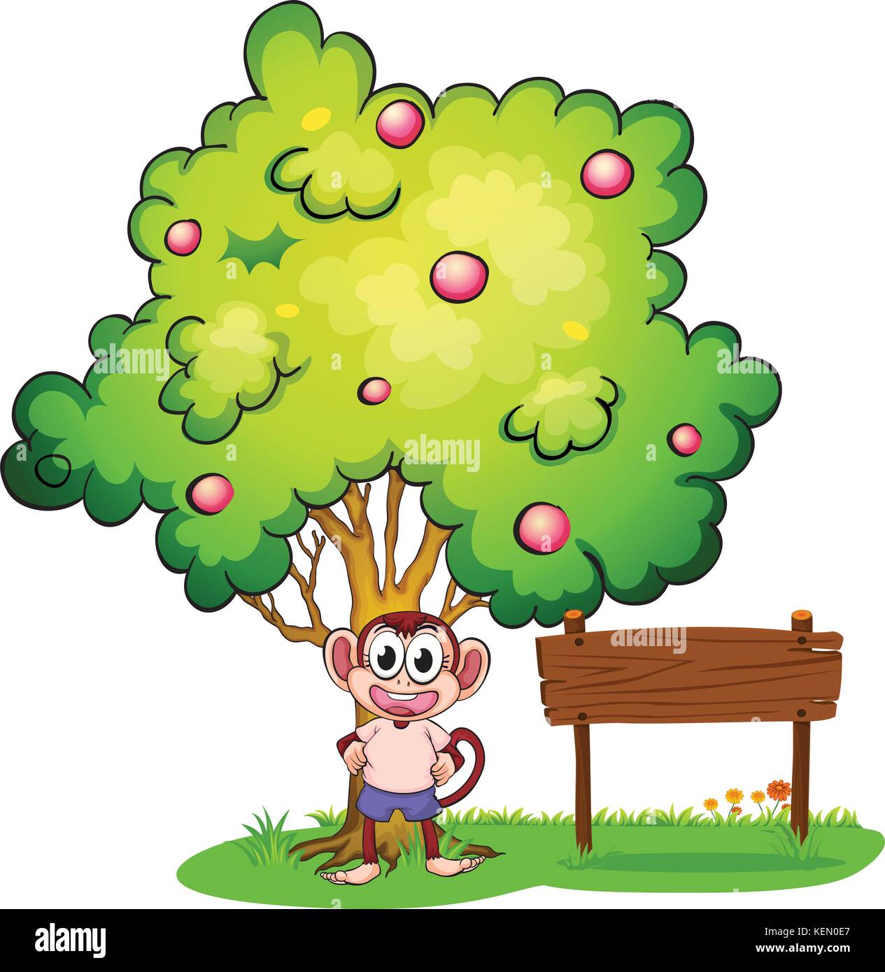Illustration of a monkey under the tree beside the empty wooden board ...