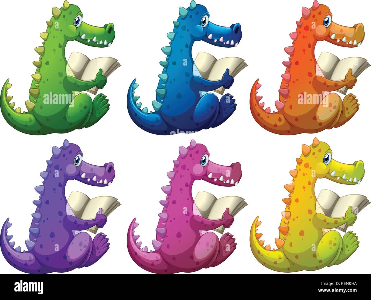 Illustration of the colorful crocodiles reading on a white background ...