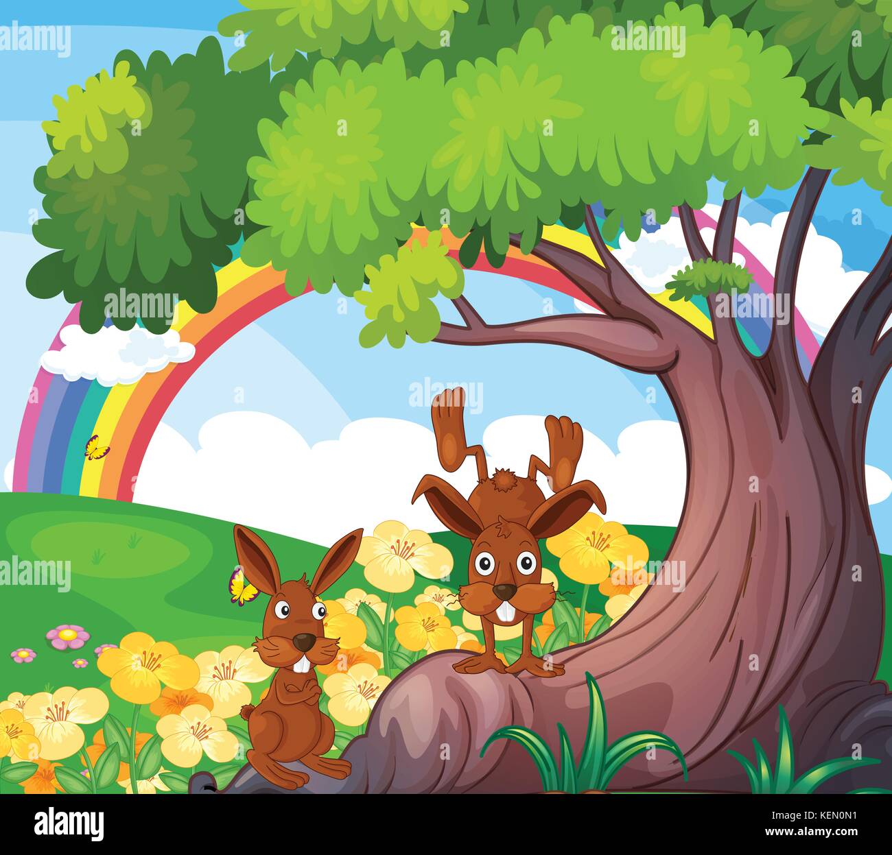 Illustration of the playful wild animals under the big tree Stock ...