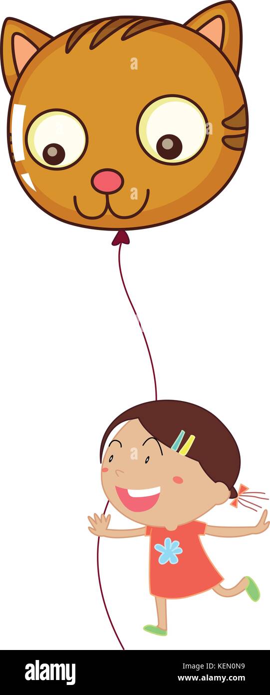 Illustration of a young girl holding a cat balloon on a white ...