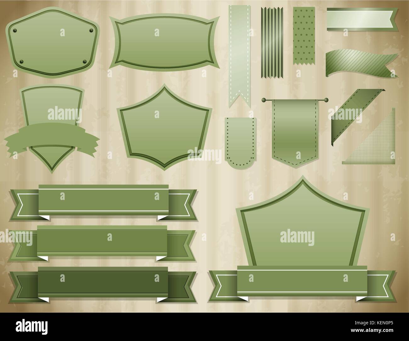 Set of green labels and ribbon on cardboard background Stock Vector ...