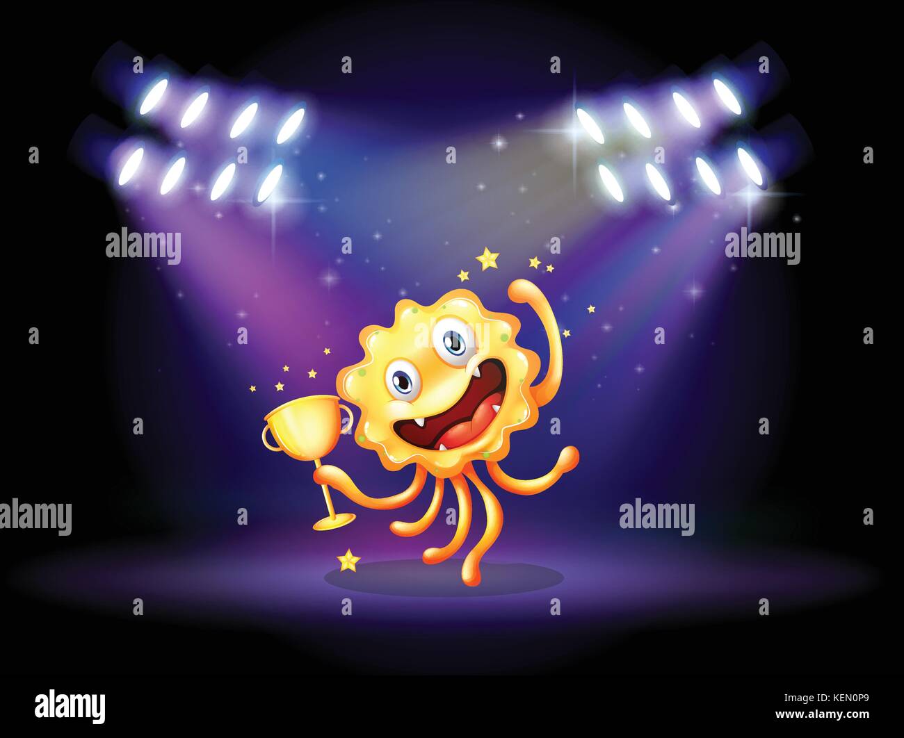 Illustration of a stage with a monster holding a trophy Stock Vector ...