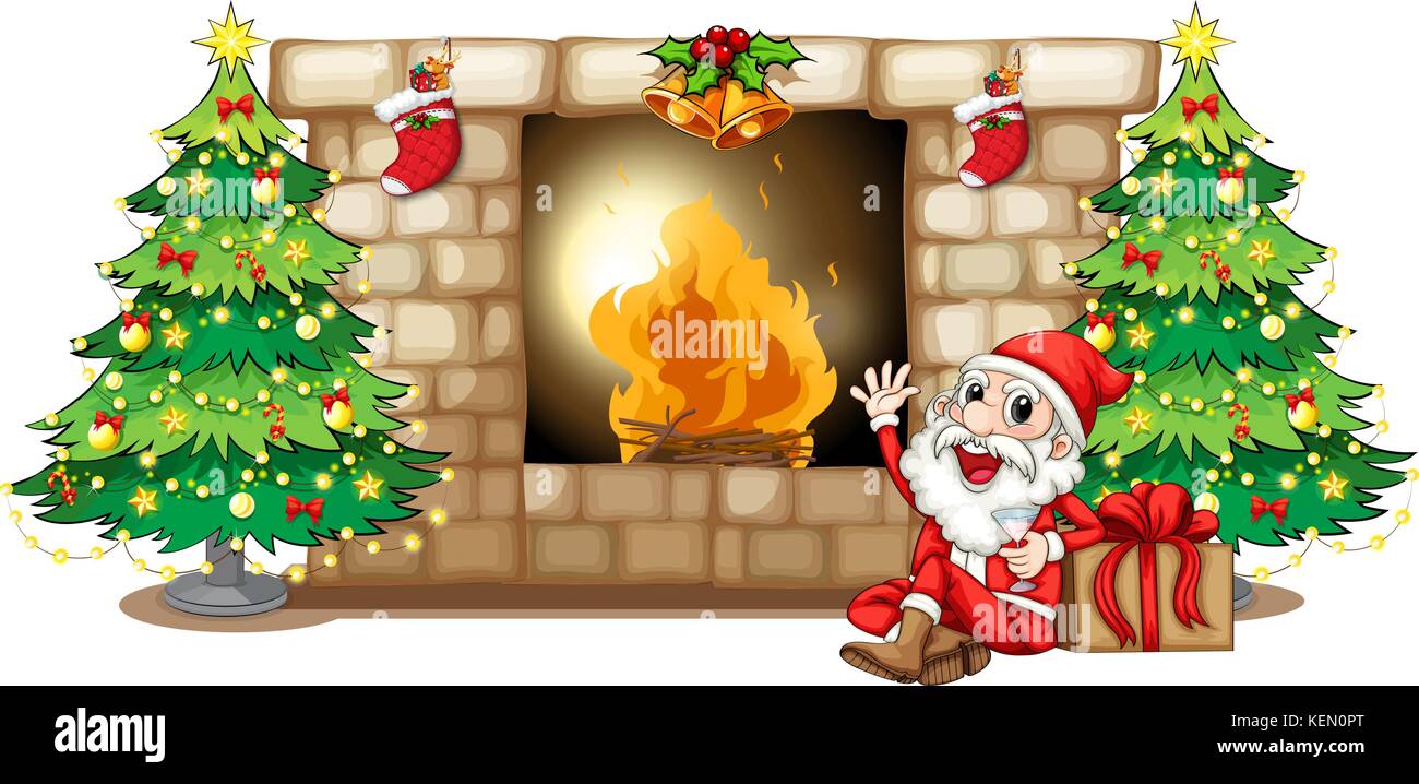 Illustration of a happy Santa near the fireplace on a white background ...