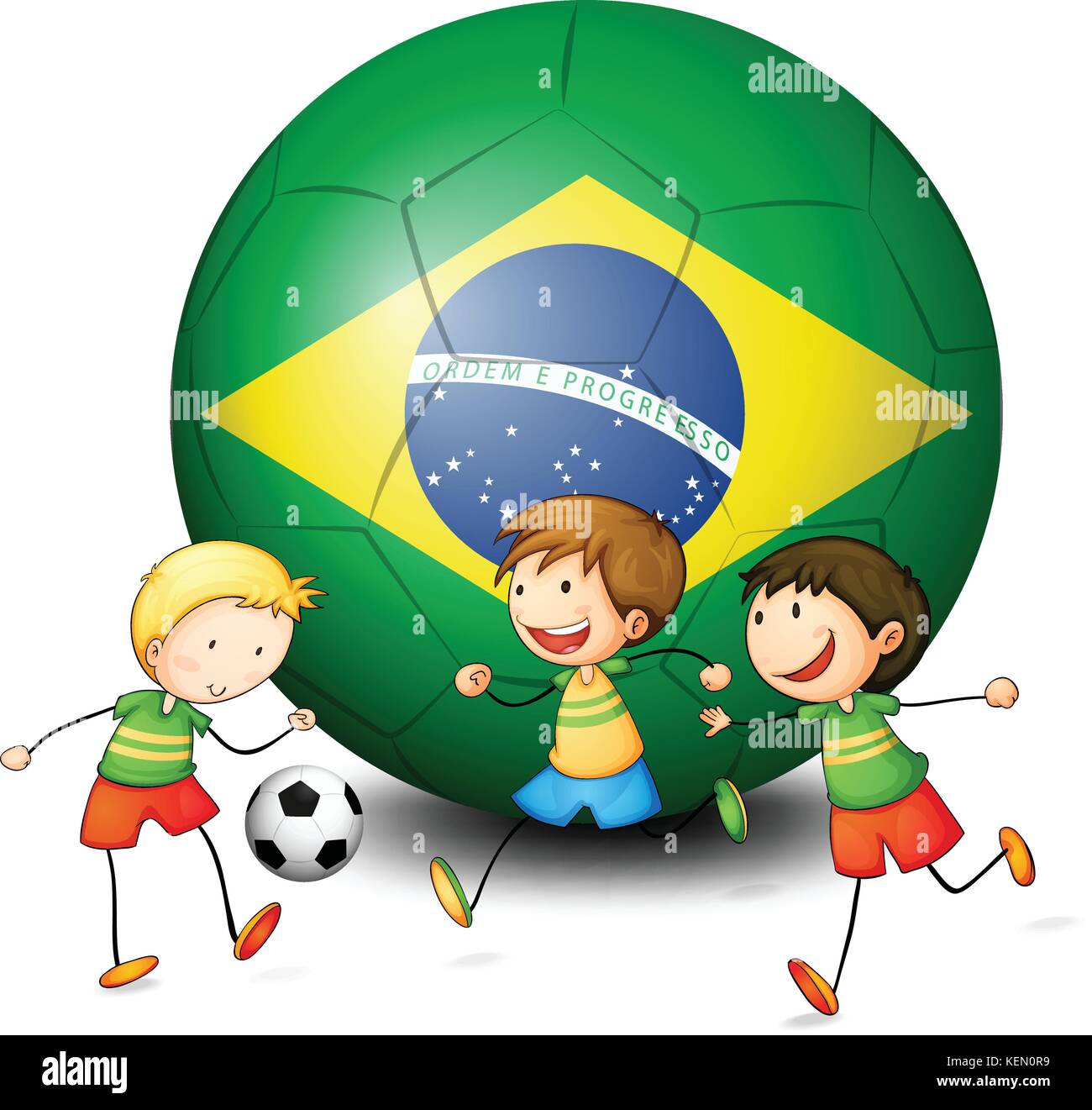 Illustration of the boys playing soccer with the flag of Brazil on a ...