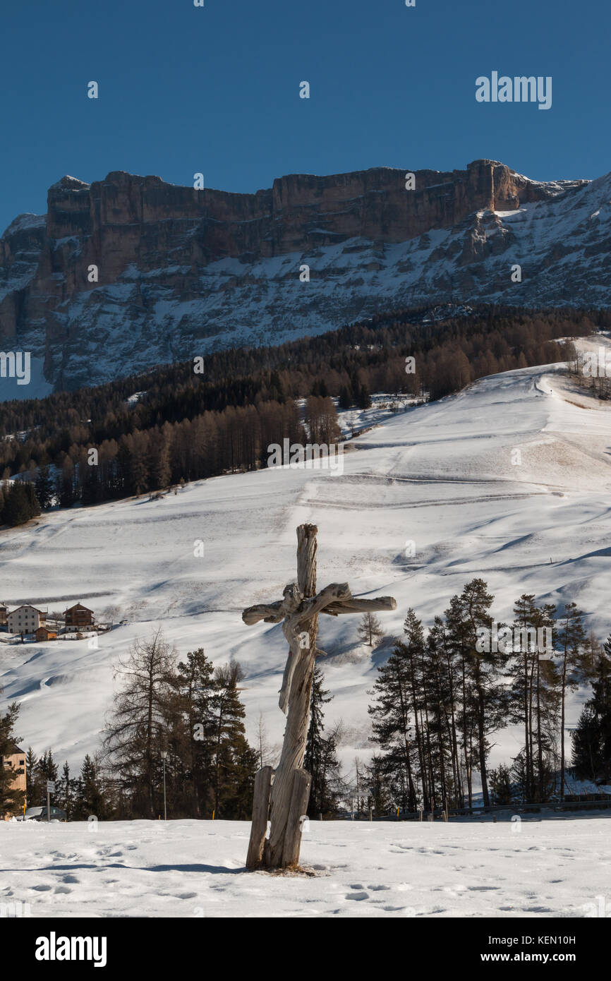 Wooden Christian Cross in the Snow in Italian Dolomites Alps in Sunny ...
