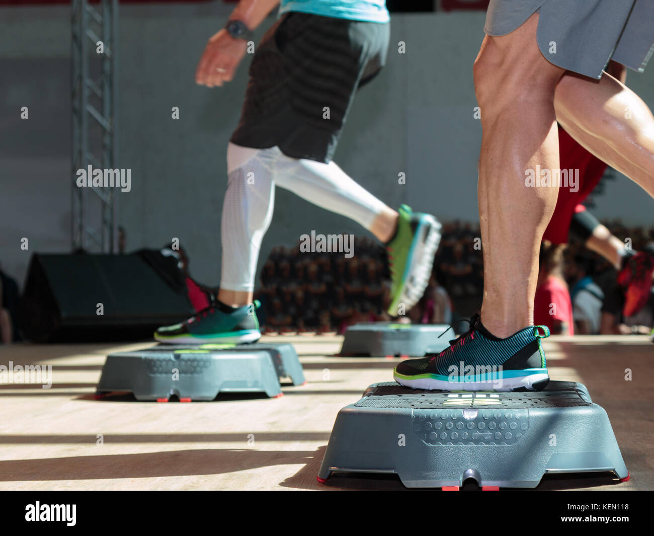 Fitness Workout in Gym: Man doing Exercises with Black Step Platform ...