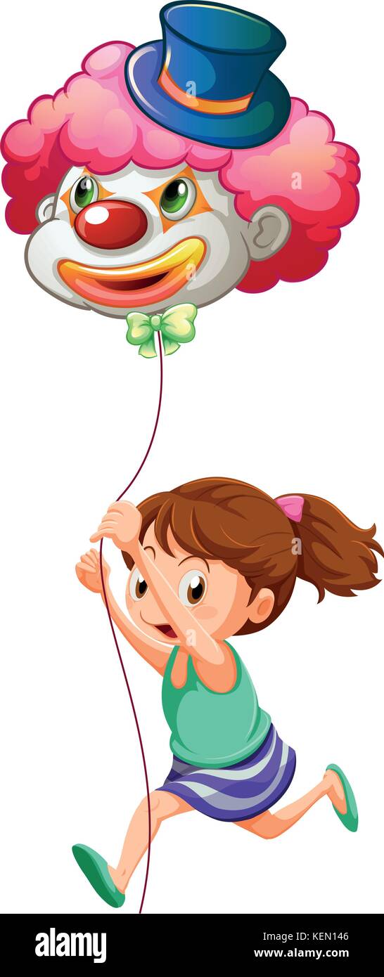 Illustration of a young girl running with a clown balloon on a white ...
