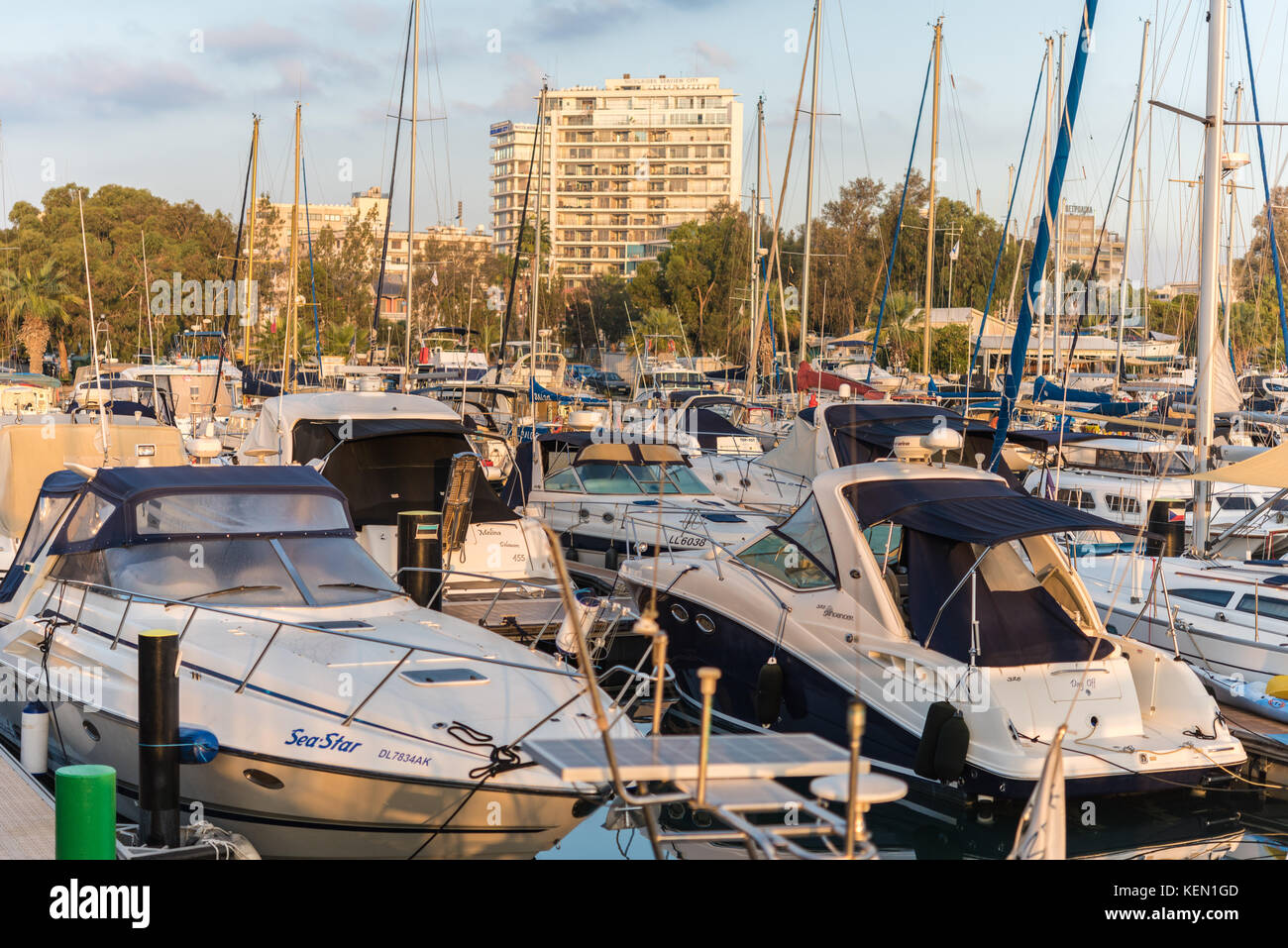 Larnaca Marina in early morning blue sky and red orange clouds Stock ...