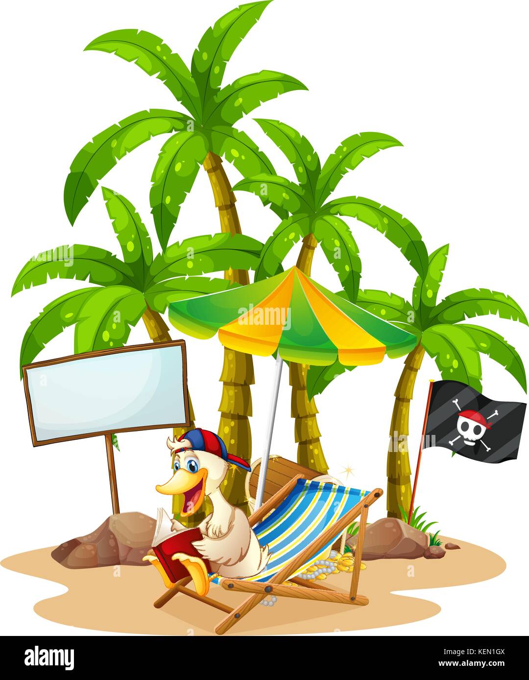 Illustration of a duck relaxing at the beach near the empty signboard ...