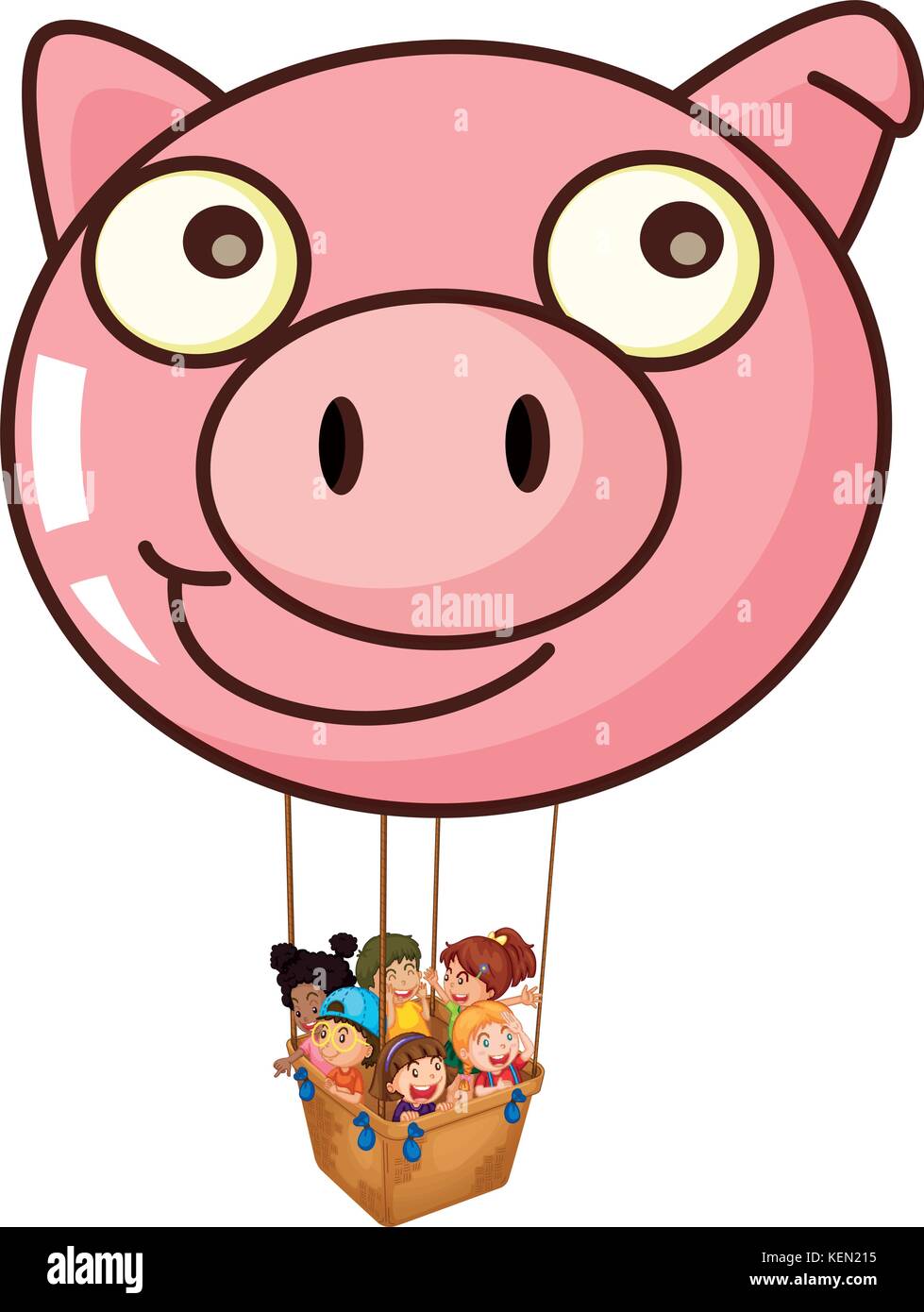 Illustration of a pig balloon carrying a basket with kids on a white ...
