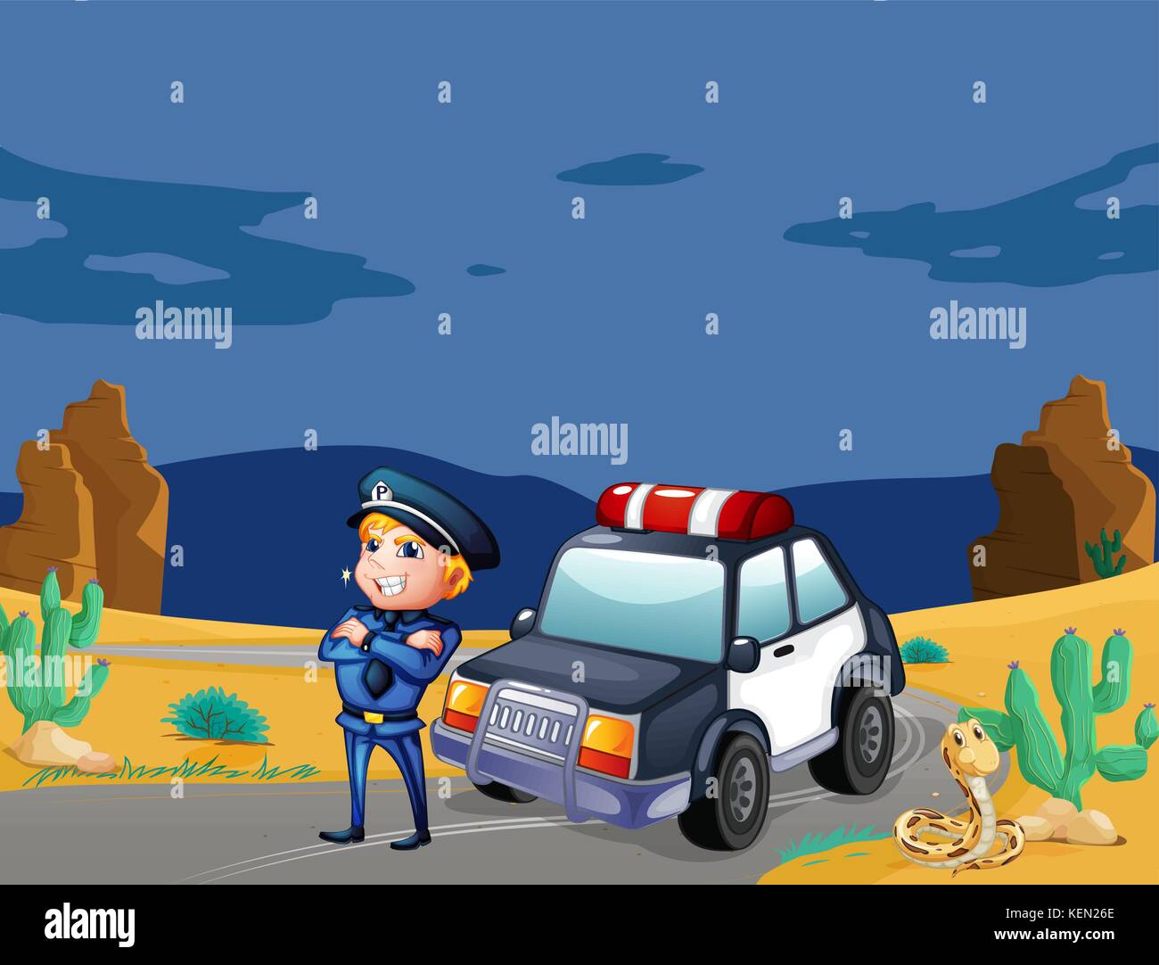 Illustration of a smiling policeman beside the patrol car Stock Vector ...