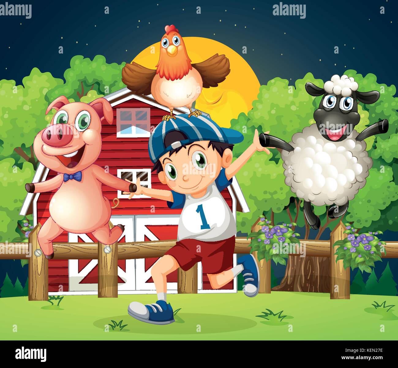 Illustration of a boy playing with the farm animals Stock Vector Image ...