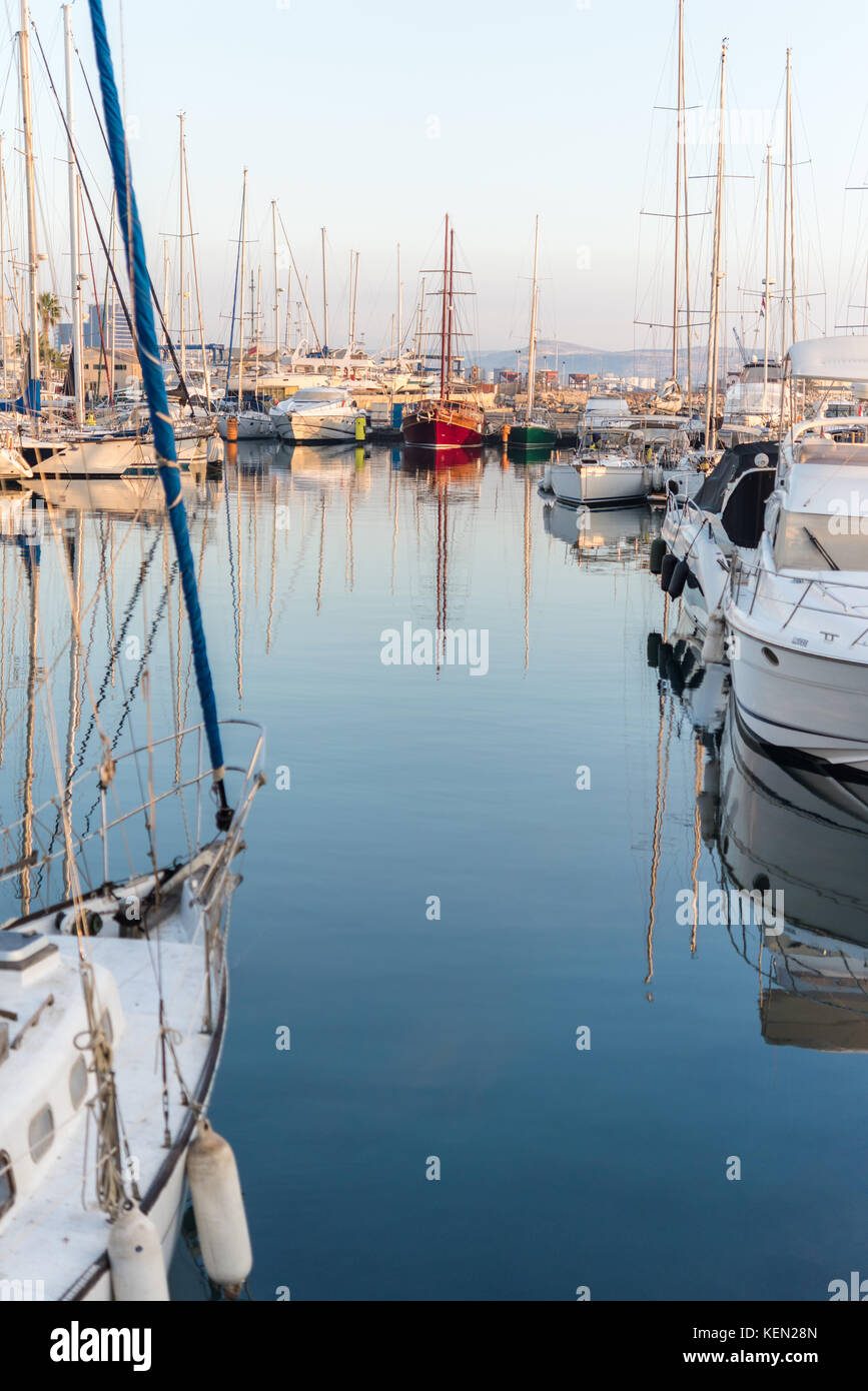 Larnaca Marina in early morning blue sky and red orange clouds Stock ...