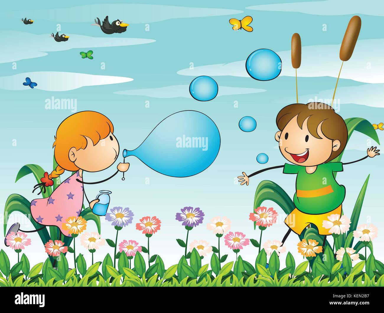 Illustration of the kids at the garden playing with the blowing bubbles ...