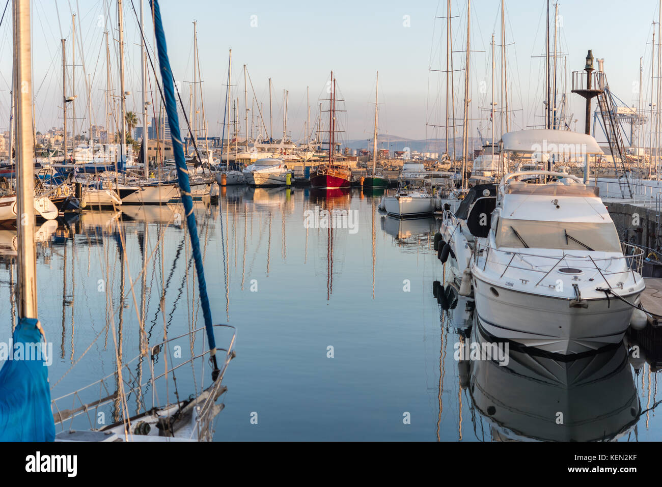 Larnaca Marina in early morning blue sky and red orange clouds Stock ...