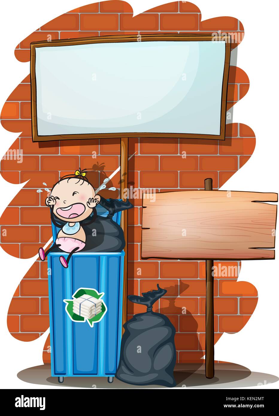 Illustration of the two empty signboards near the trashcan with a baby ...