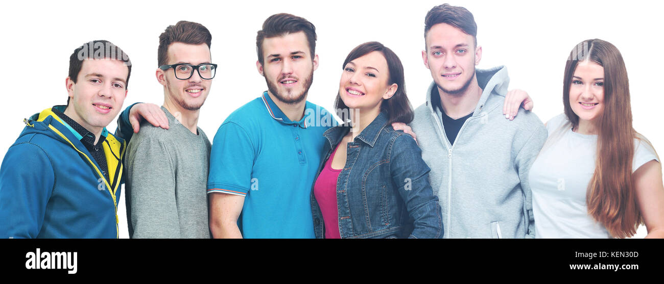 portrait of a friendly student team of six people on a white background ...