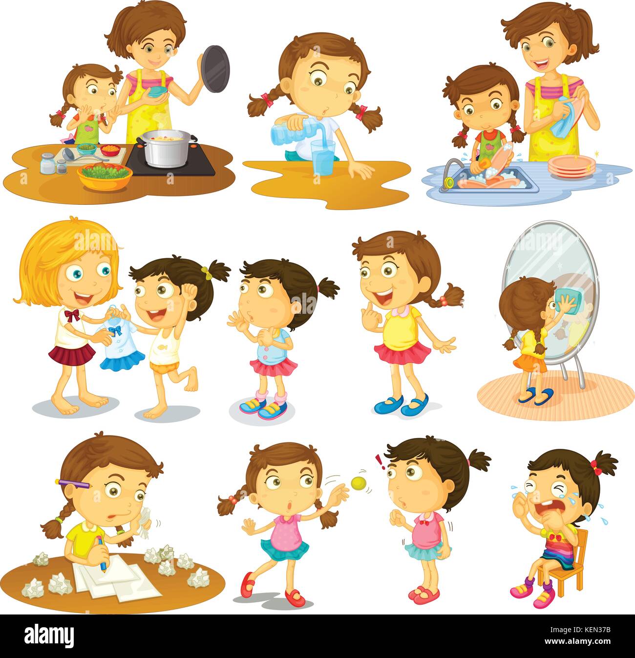 Illustration of the different actions of a young girl on a white ...