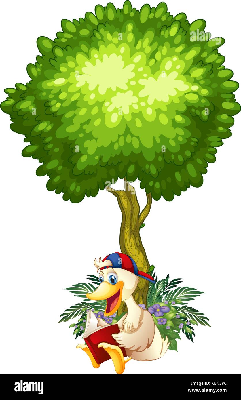 Illustration of a duck reading under the tree on a white background ...