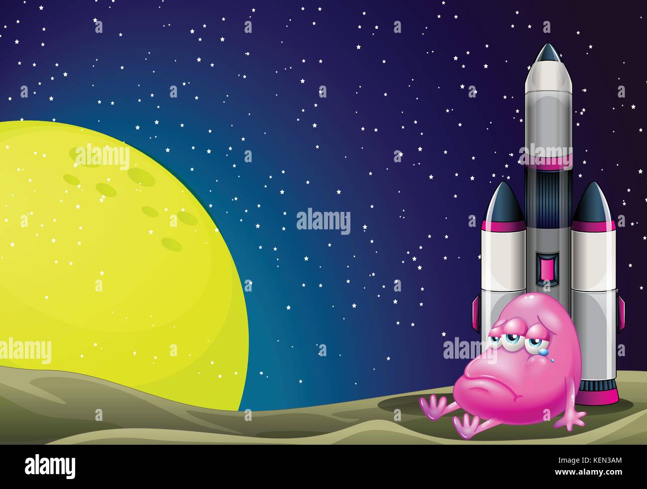 Illustration of a sad monster beside the rocket in the outerspace Stock ...