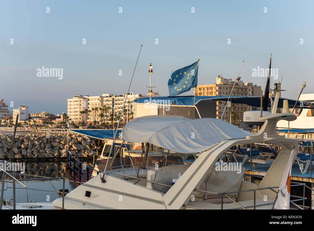 Larnaca Marina in early morning blue sky and red orange clouds Stock ...