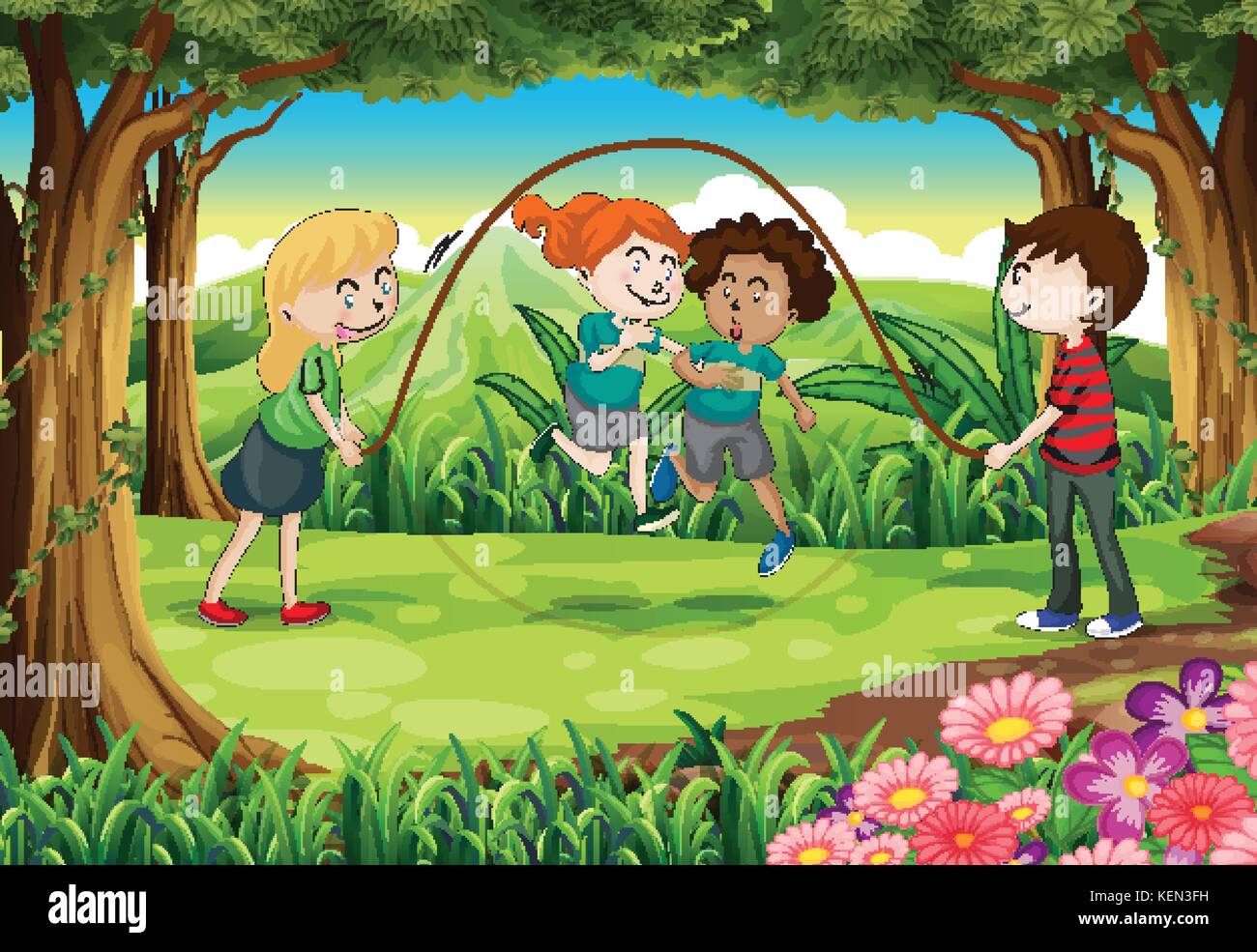 Illustration of the children playing with the rope at the jungle Stock ...