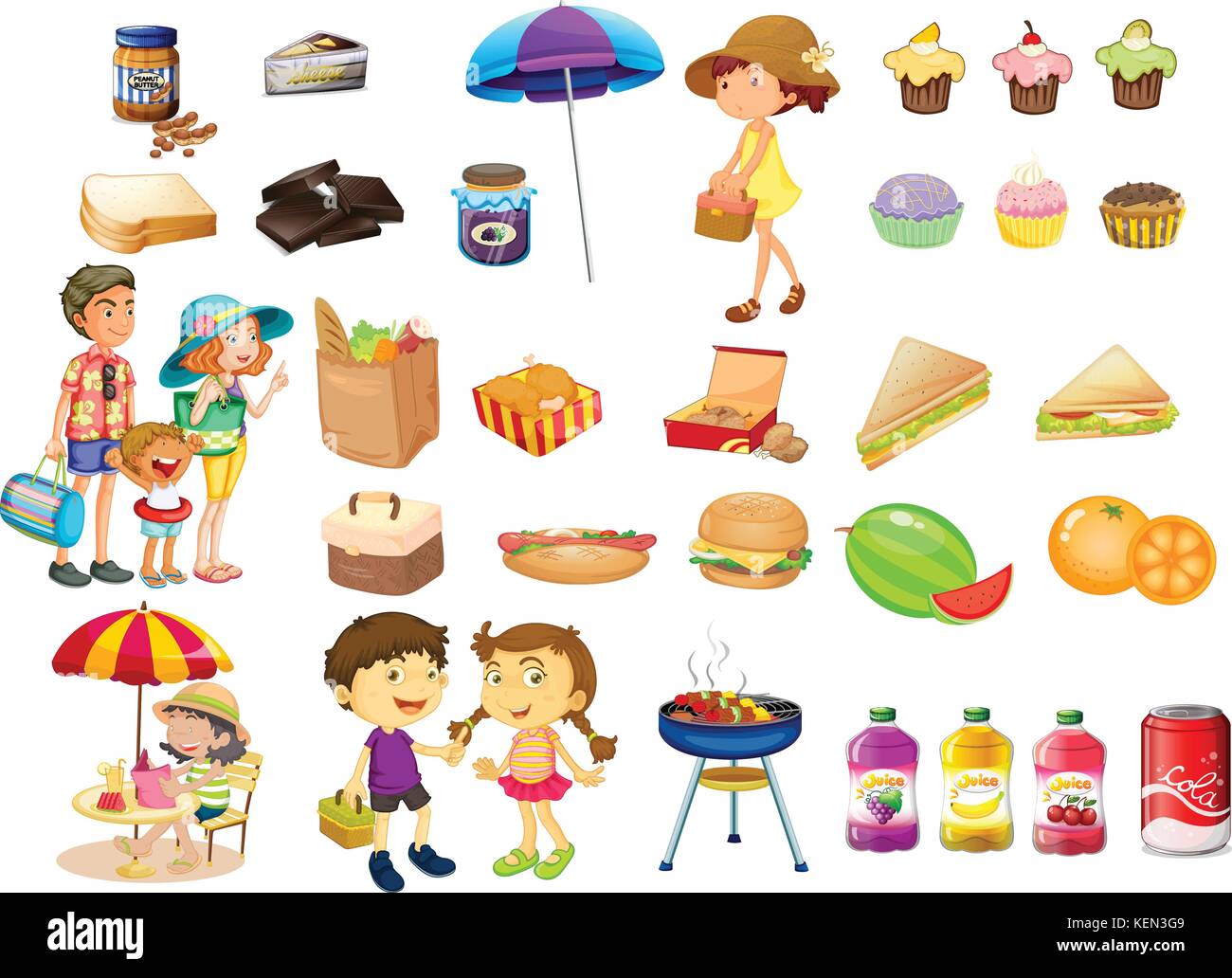 Illustration of the set of things and foods for a picnic on a white ...
