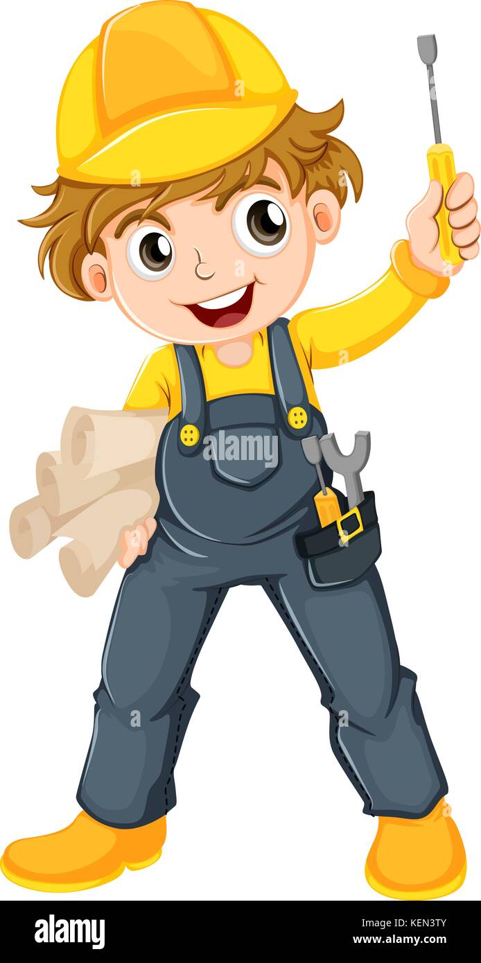 Illustration of a young mechanic on a white background Stock Vector ...