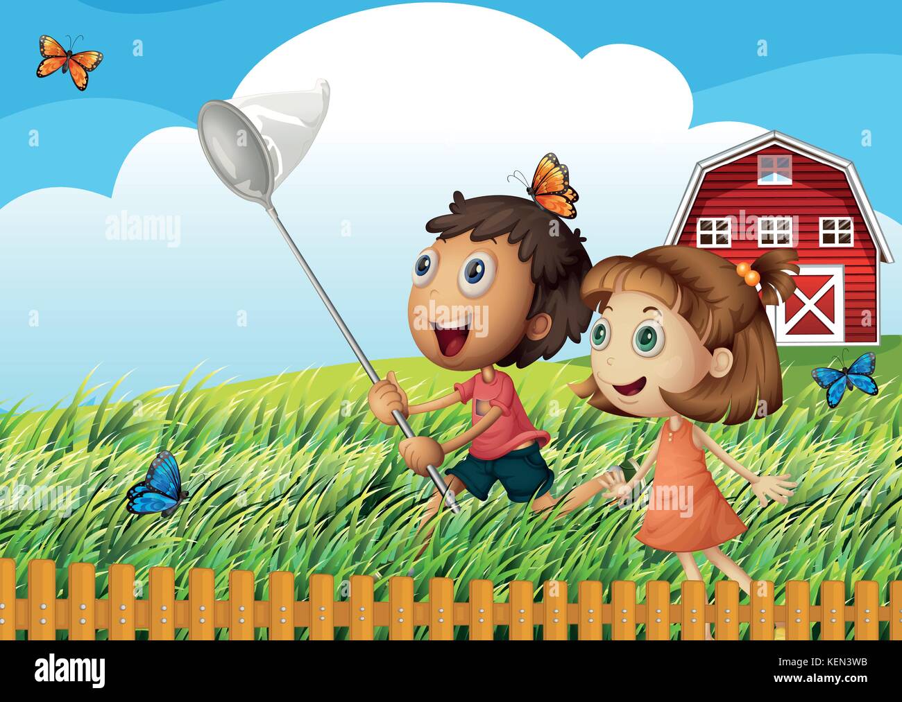 Illustration of the kids catching butterflies at the field Stock Vector ...