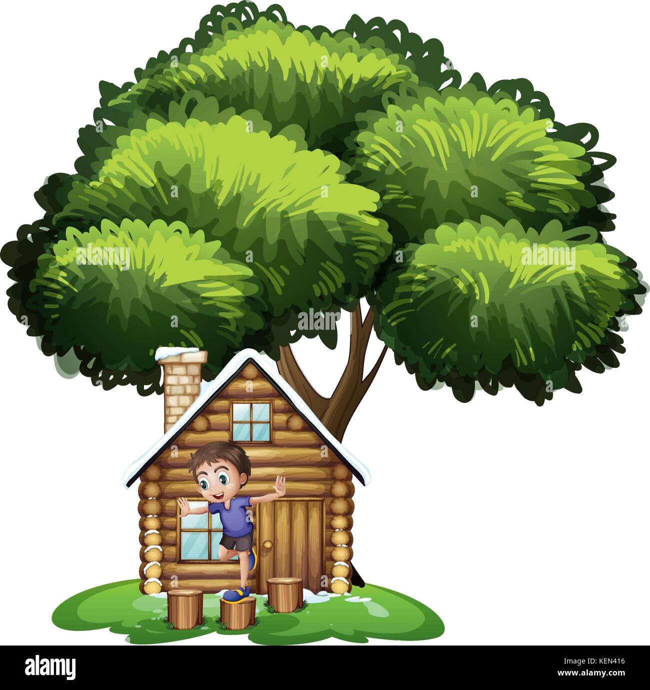 Illustration of a boy playing outside the house under the tree on a ...