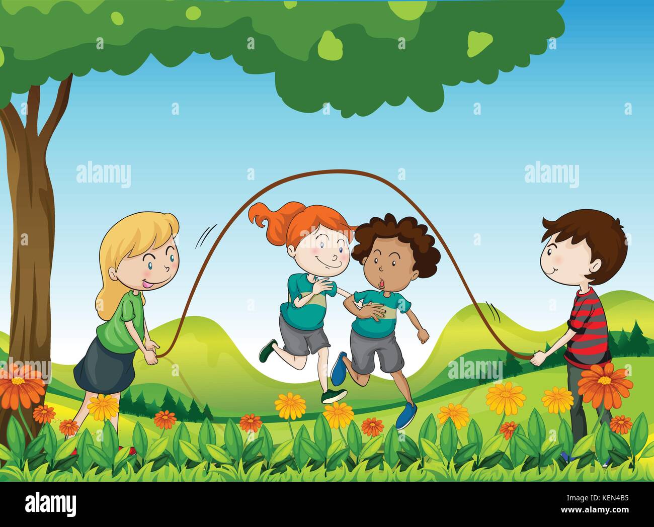 Illustration of the four kids playing under the tree Stock Vector Image ...